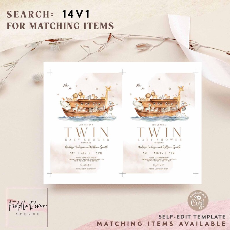 Editable TWIN Gender Neutral Noah's Ark Theme Animals Twins Baby Shower ...
