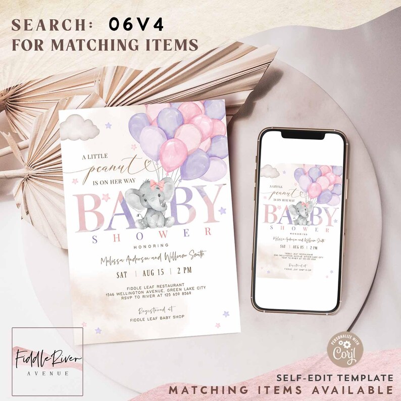 Editable Purple Pink Elephant Baby Shower Invitation: Little Peanut ...