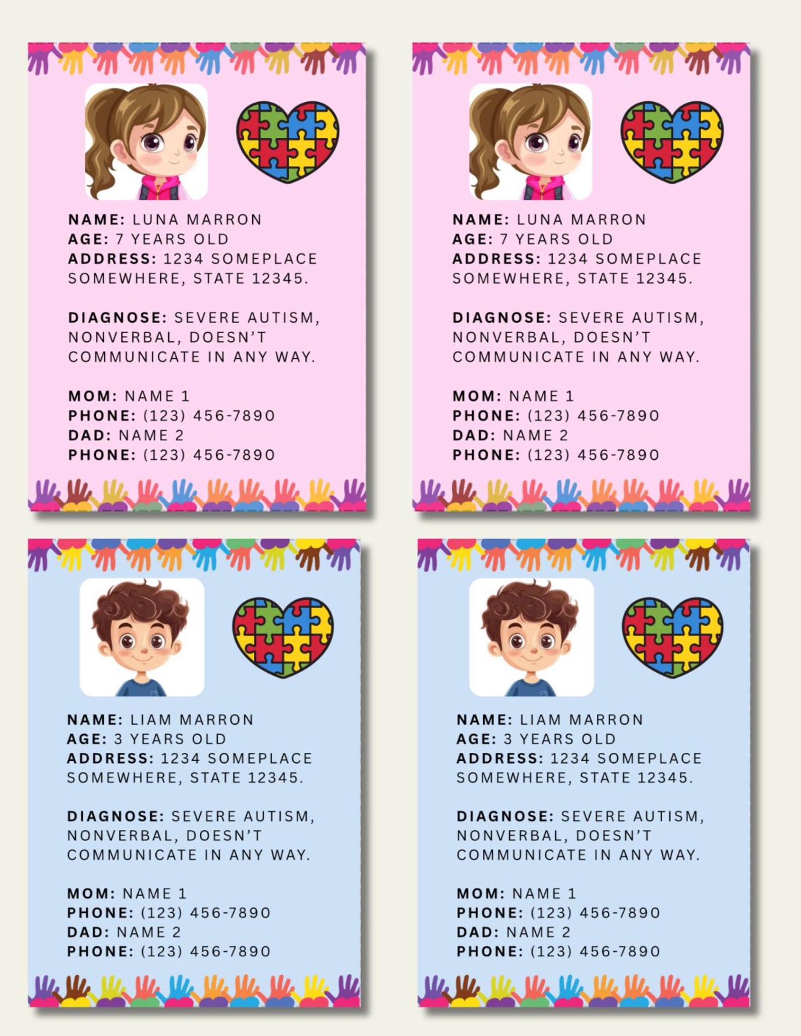 Editable Autism Safety ID Card: Printable Tag (digital) - Etsy