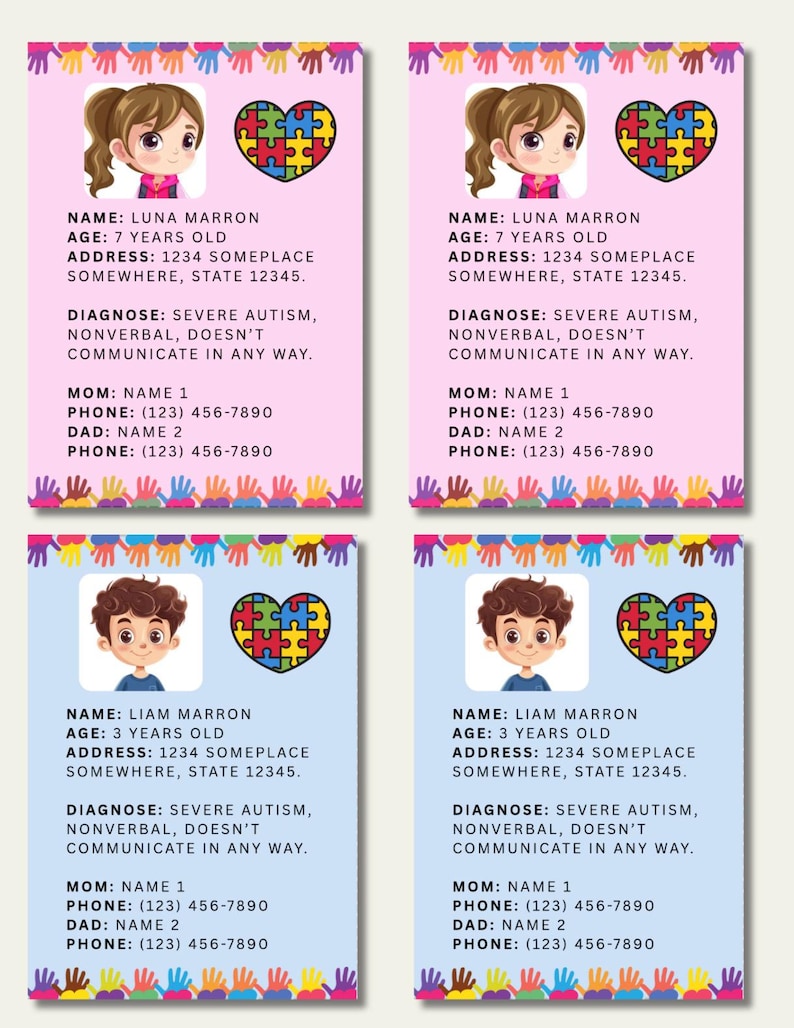 Editable Autism Safety ID Card: Printable Tag (digital) - Etsy Australia