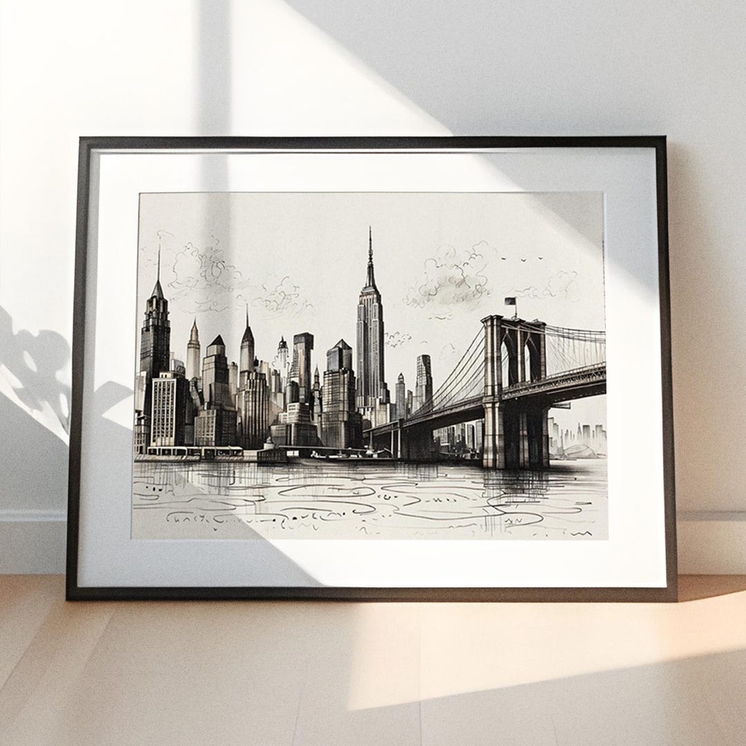 New York City - Manhattan Skyline Sketch From Brooklyn – NYC Line ...
