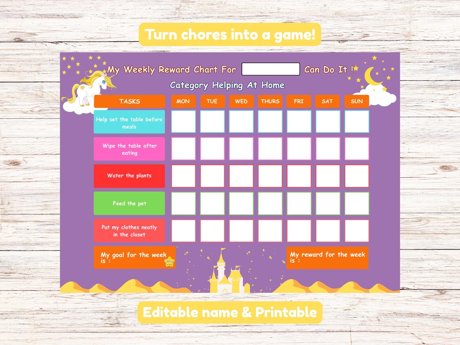 Unicorn Reward Chart for Kids – Editable Printable Chore Chart – 5 ...