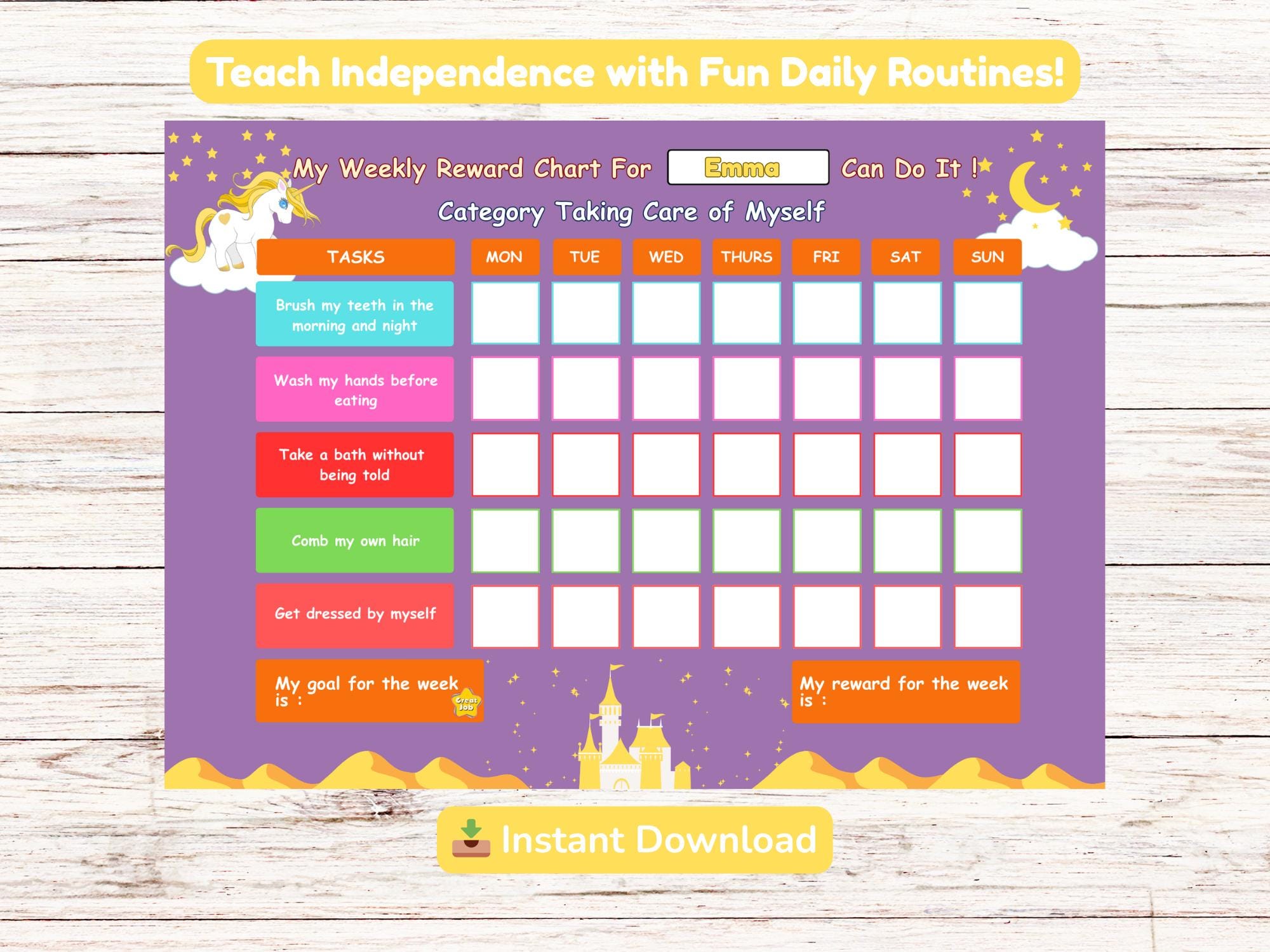 Unicorn Reward Chart for Kids – Editable Printable Chore Chart – 5 ...