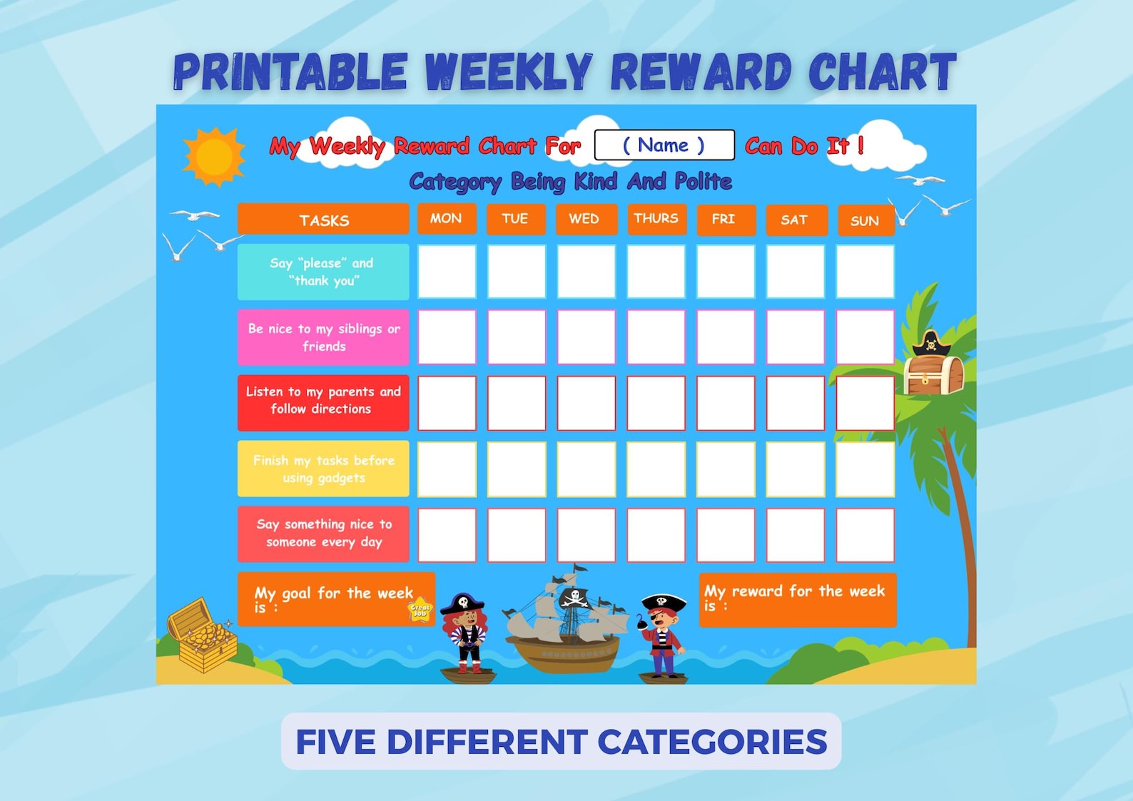 Pirate Reward Chart for Kids – Printable Behavior Tracker – Fun Pirate ...