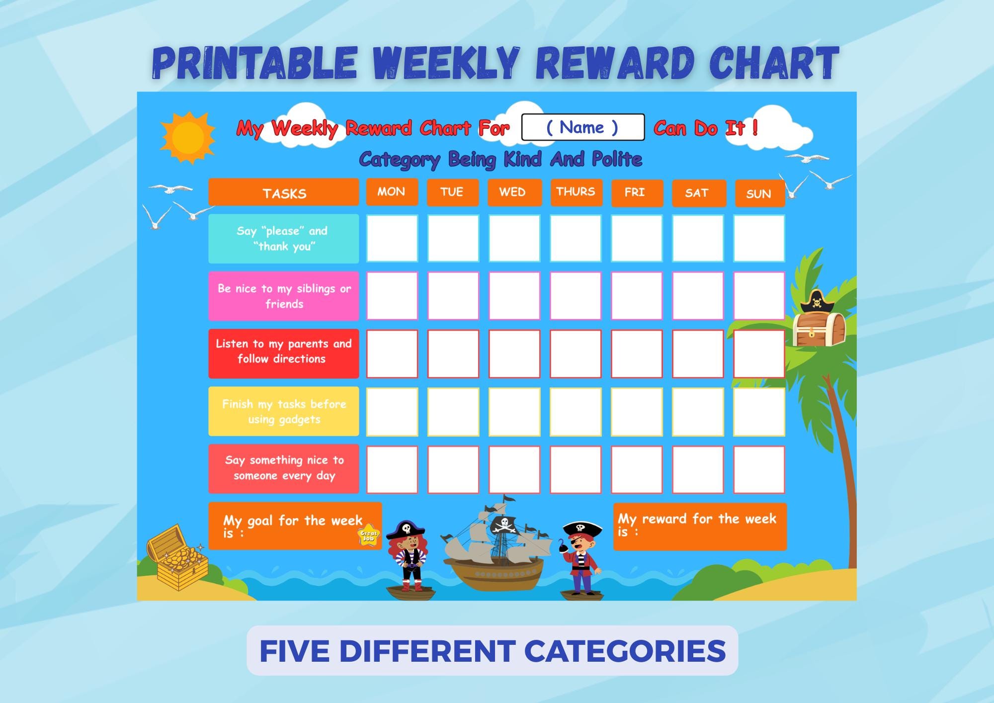 Pirate Reward Chart for Kids – Printable Behavior Tracker – Fun Pirate ...
