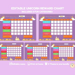 Unicorn Reward Chart for Kids – Editable Printable Chore Chart – 5 ...