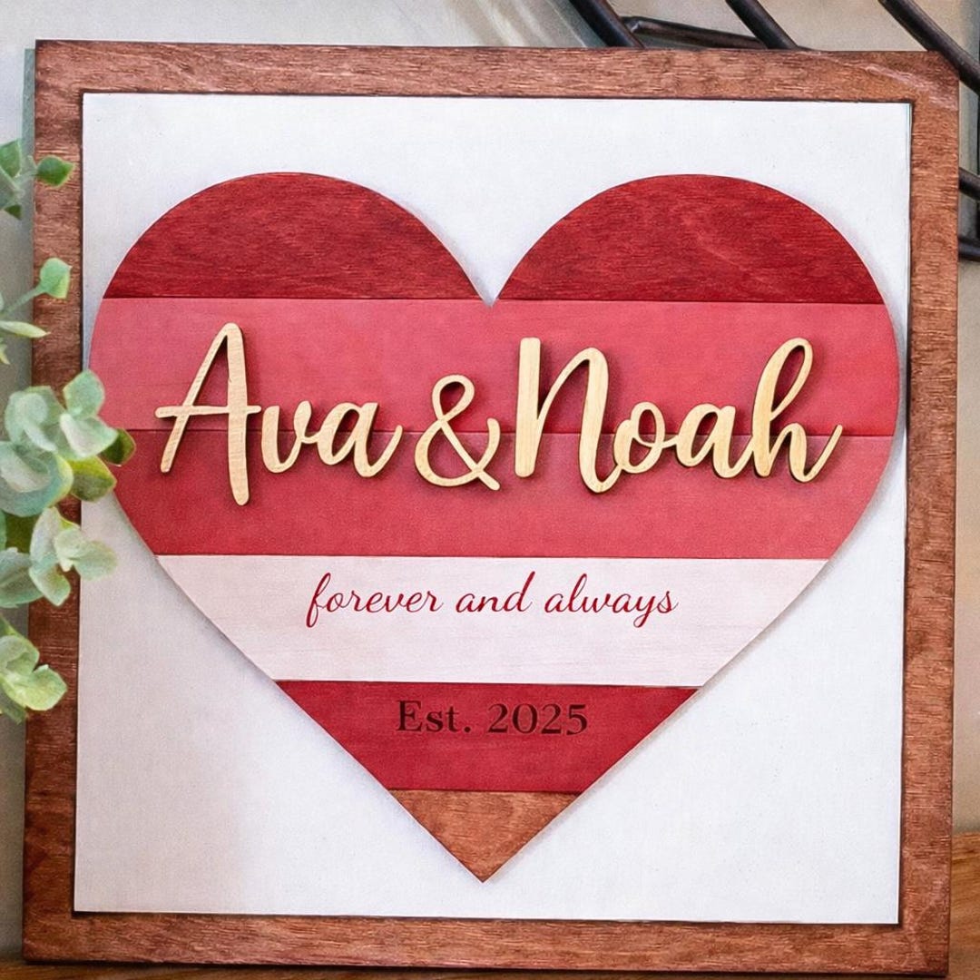 Personalized Couple Heart Name Sign, Custom Layered Wood Heart Plaque ...