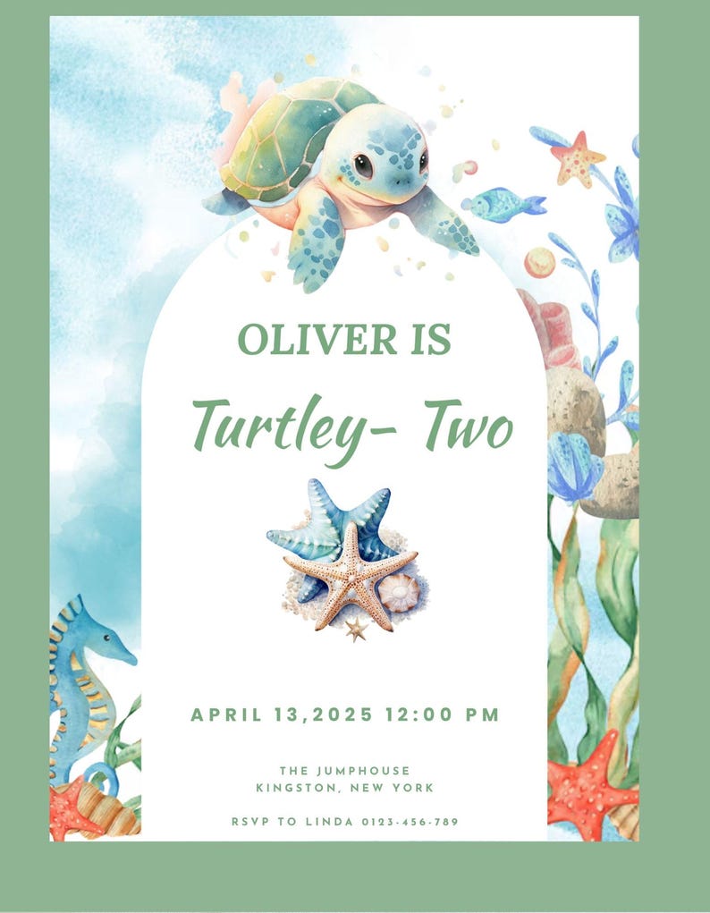 Editable Turtle Birthday Party Invitation, Turtley Two, Customizable ...