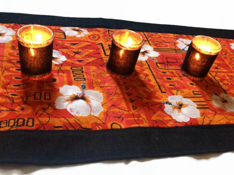Orange White Flowers Black Geometric Table Runner - Etsy