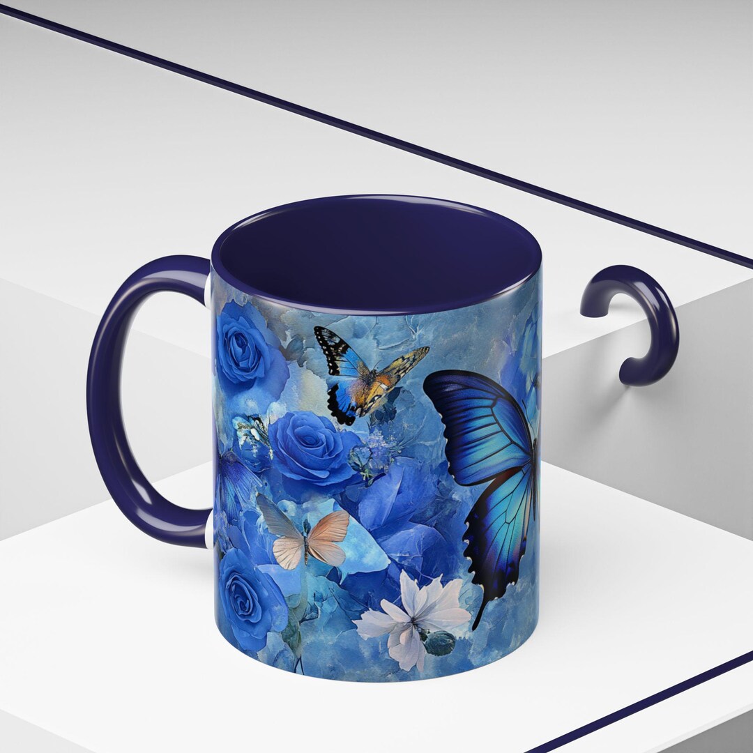 Blue Butterfly Coffee Mug: Floral Accent Tea Cup - Etsy