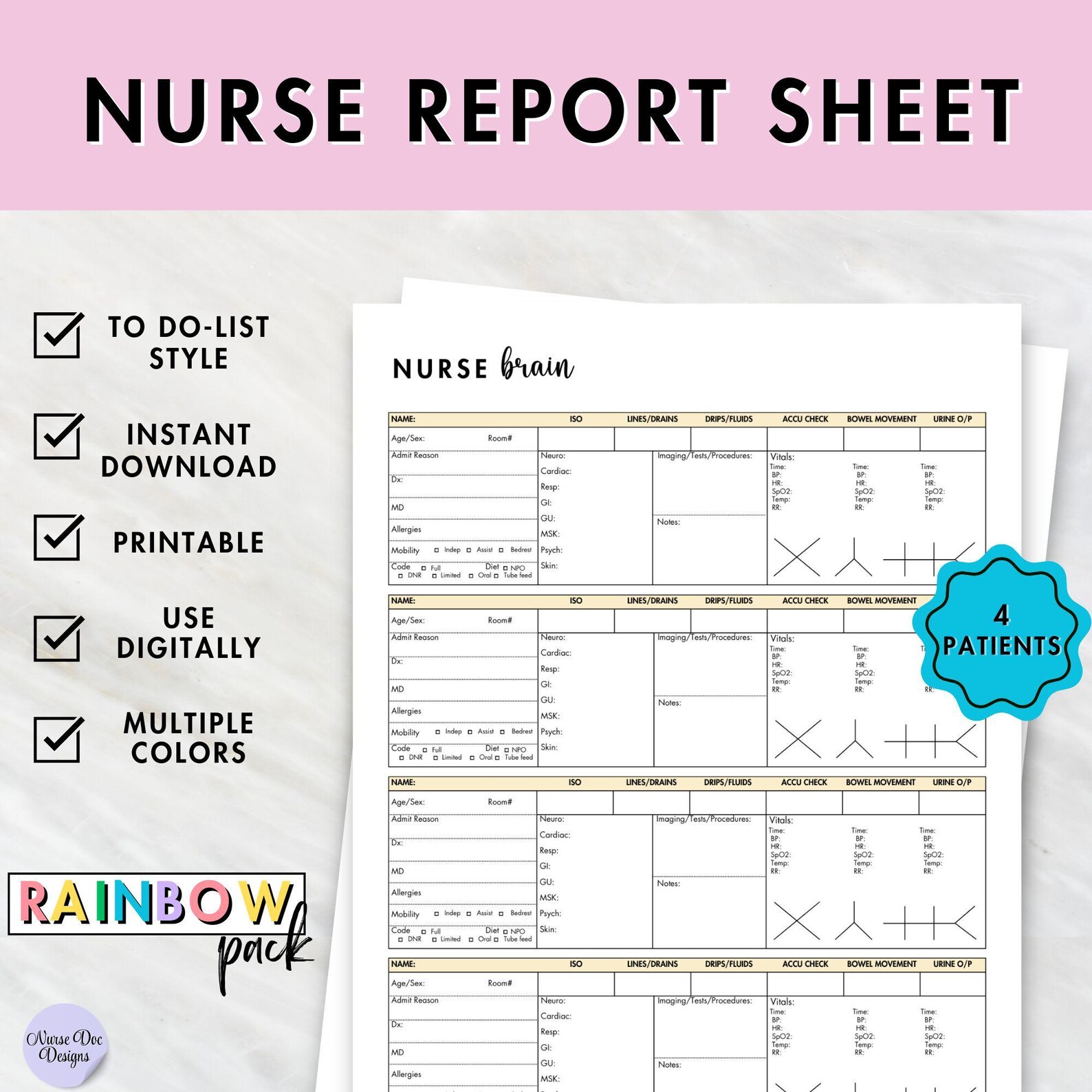 Printable Nurse Report Sheet Handoff, Nurse Brain, 4 Patient, Nurse ...