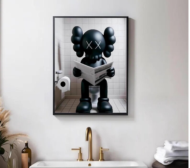 Kaws Sitting on Toilet Reading Newspaper Poster, Hypebeast Figure Print ...