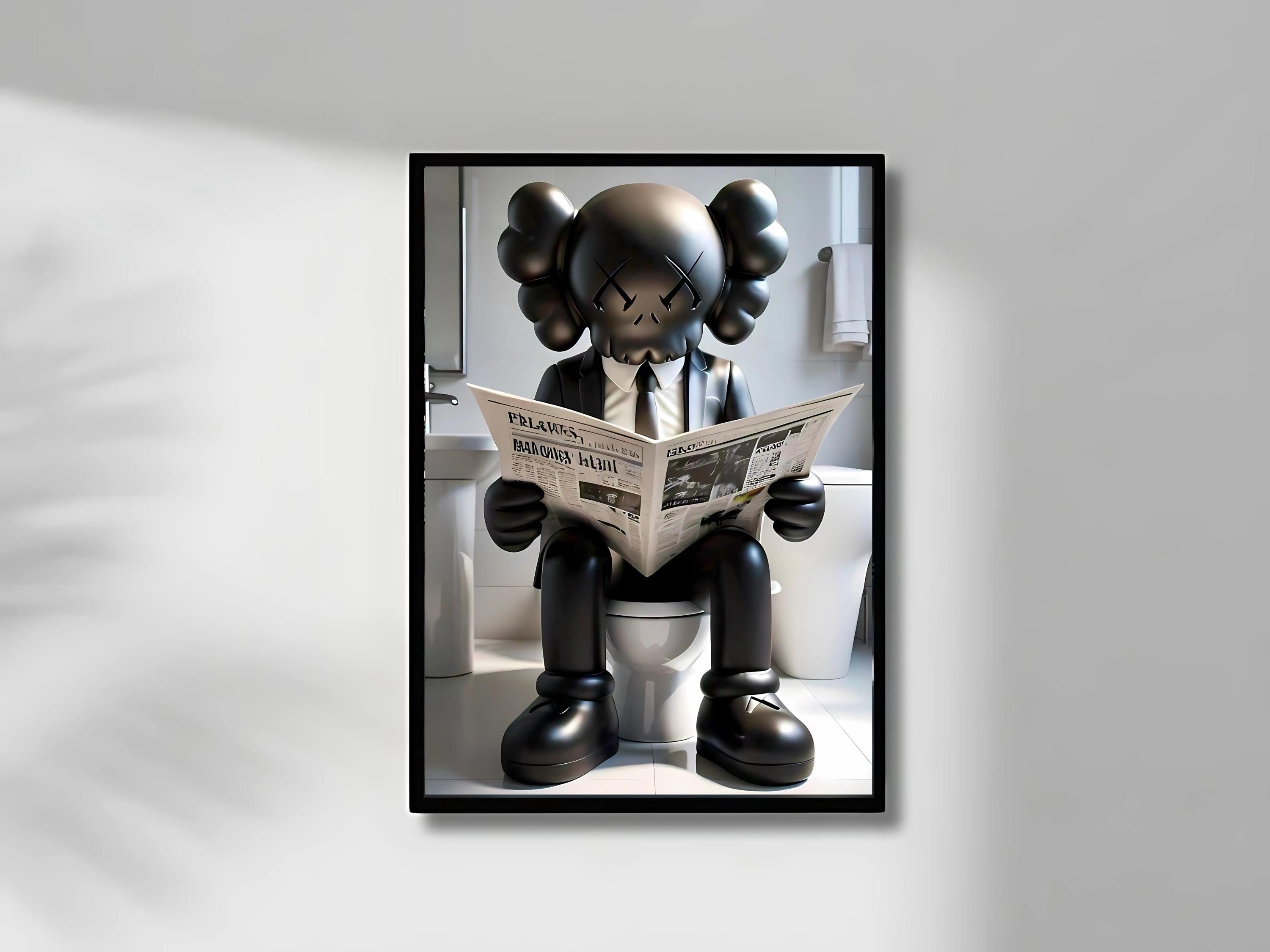 Kaws Sitting on Toilet Reading Newspaper Poster, Hypebeast Figure Print ...