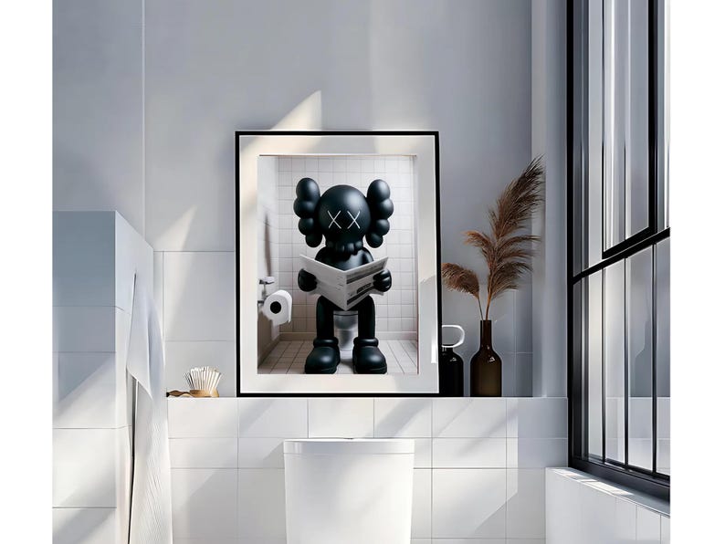 Kaws Sitting on Toilet Reading Newspaper Poster, Hypebeast Figure Print ...
