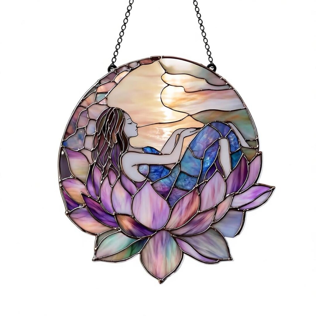 Mermaid Lotus Flower Stained Glass Suncatcher, Acrylic Window Hanging ...