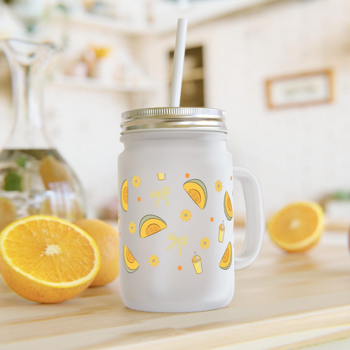 Cantaloupe Summer Mason Jar Cup With Straw | Glass Tumbler | Cute Fruit ...