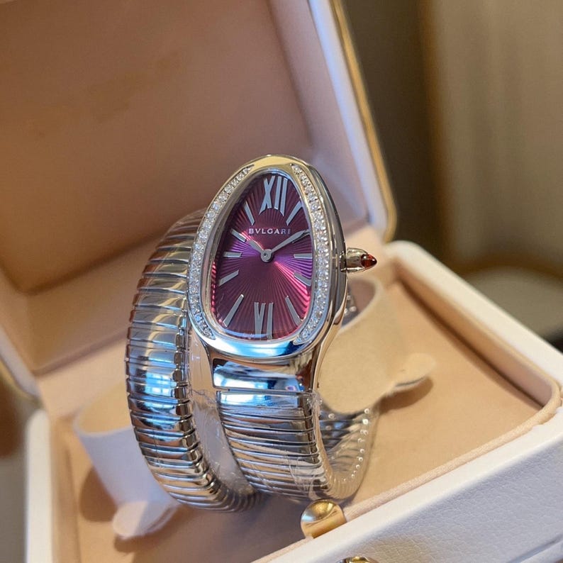 Women’s Serpentine Wrap Watch With Ruby-red Dial – Silver Coil Bracelet ...