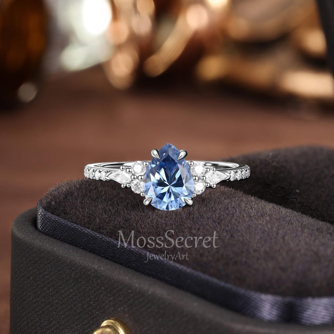 Vintage Pear Blue Grey Moissanite Engagement Ring White Gold Ring ...