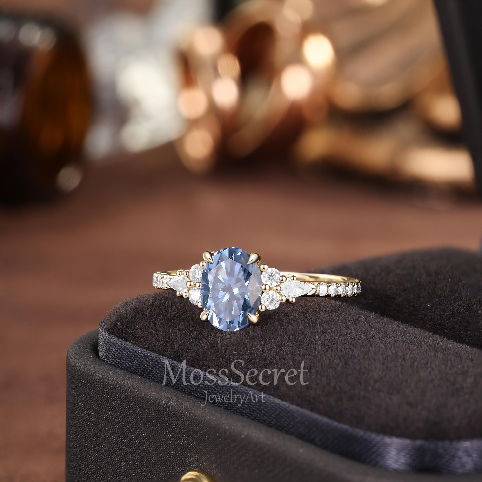 Vintage Oval Blue Grey Moissanite Engagement Ring White Gold Ring ...