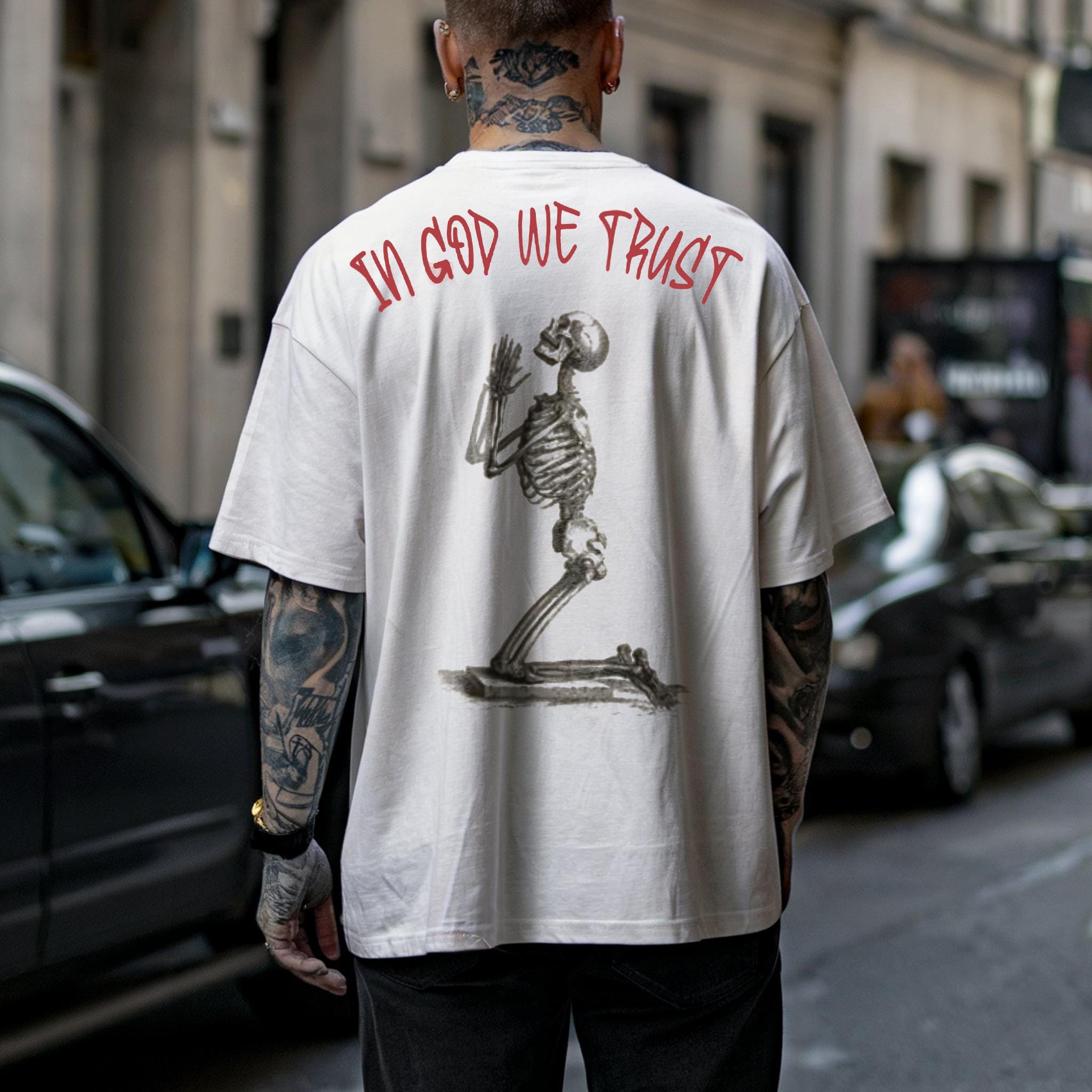 Vintage in God We Trust Skeleton Graphic Crewneck Faith Shirt, Mens ...