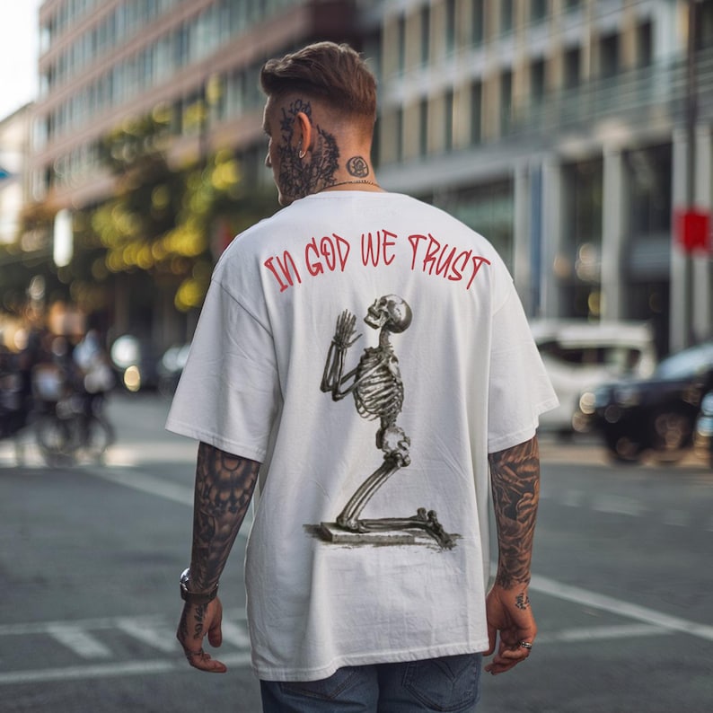 Vintage in God We Trust Skeleton Graphic Crewneck Faith Shirt, Mens ...