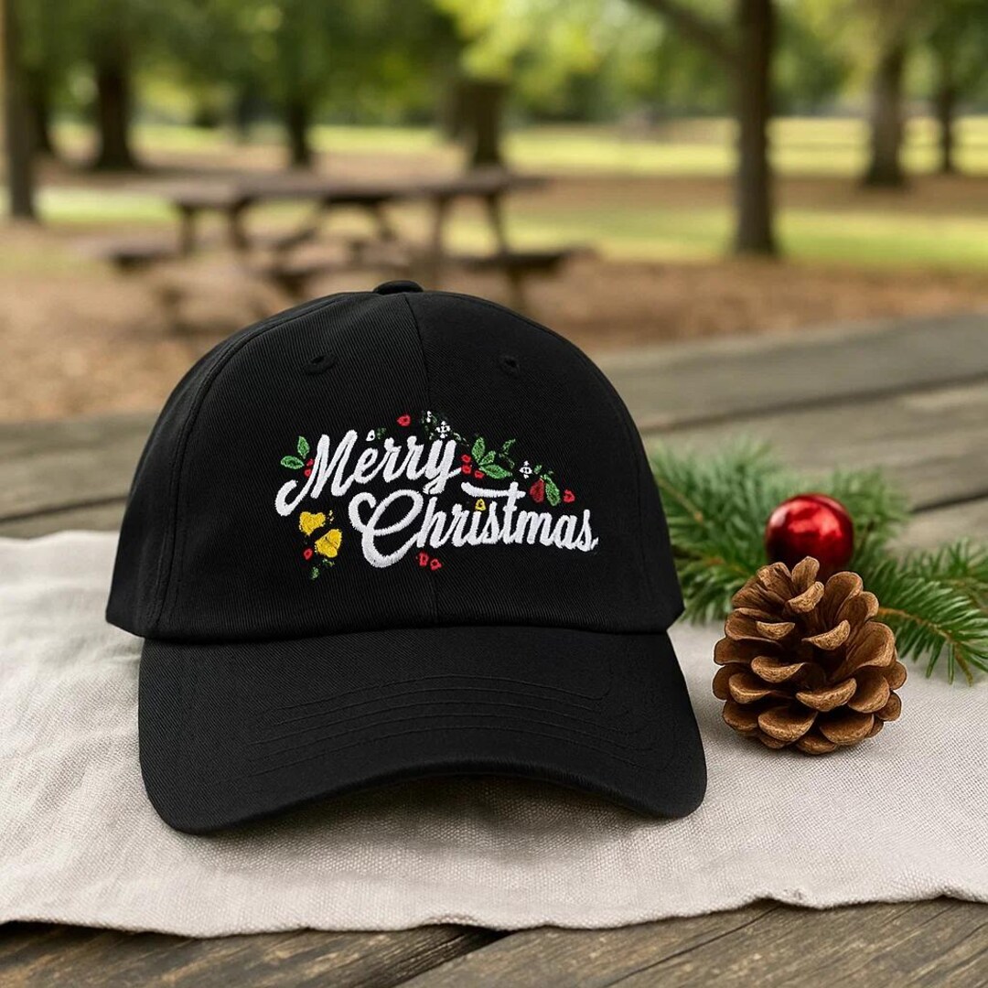 Merry Christmas Cap – Black Embroidered Holiday Floral Cap, Festive ...