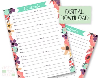 Contacts // Address Book // Printable Pages - Etsy