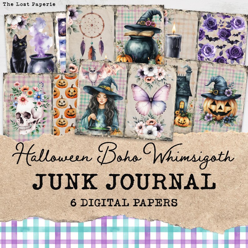 Boho Whimsigoth Halloween Junk Journal Pages | Printable Vintage Kit, 6 ...