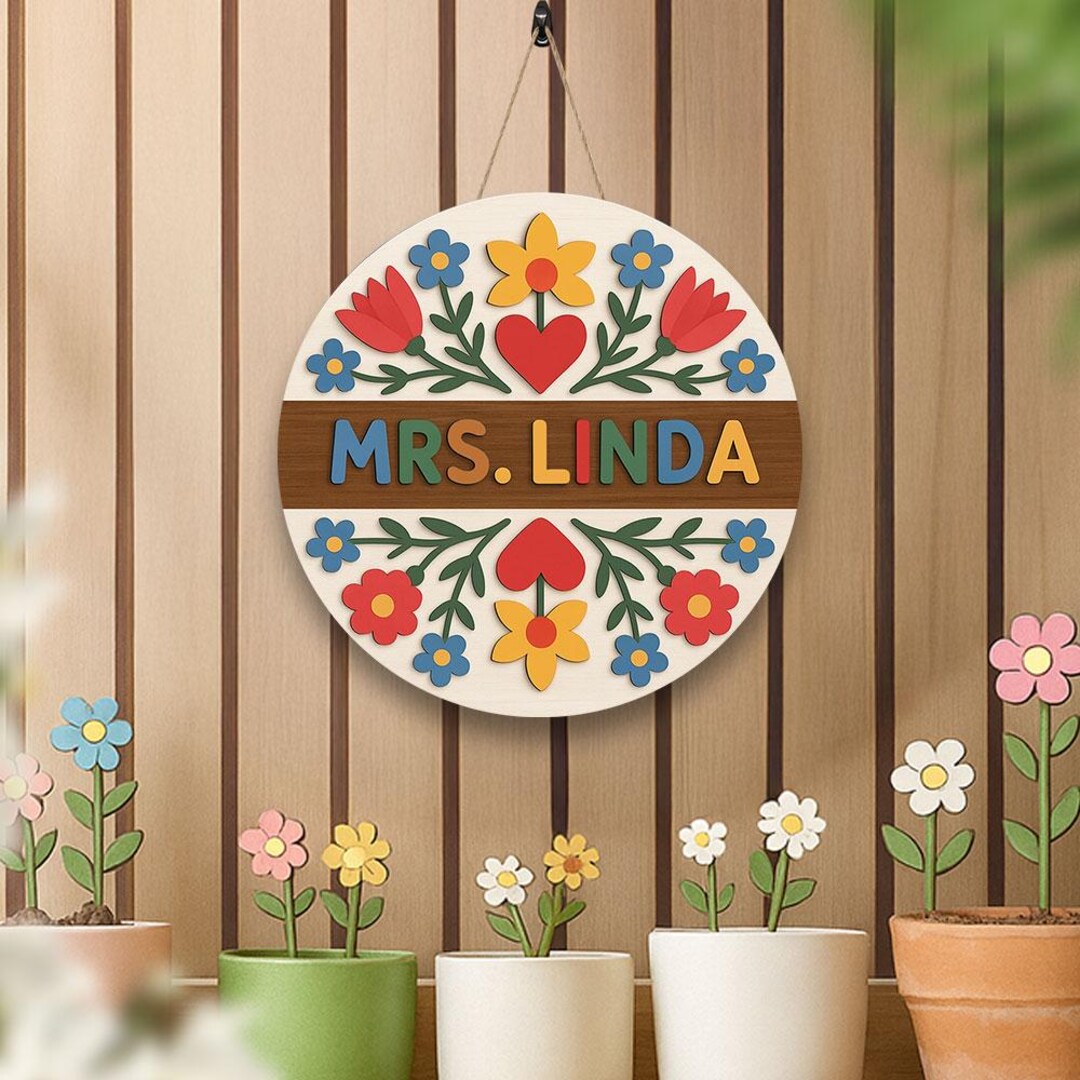 Personalized Teacher Door Sign - Floral Folk Art Style Round Wood Name ...