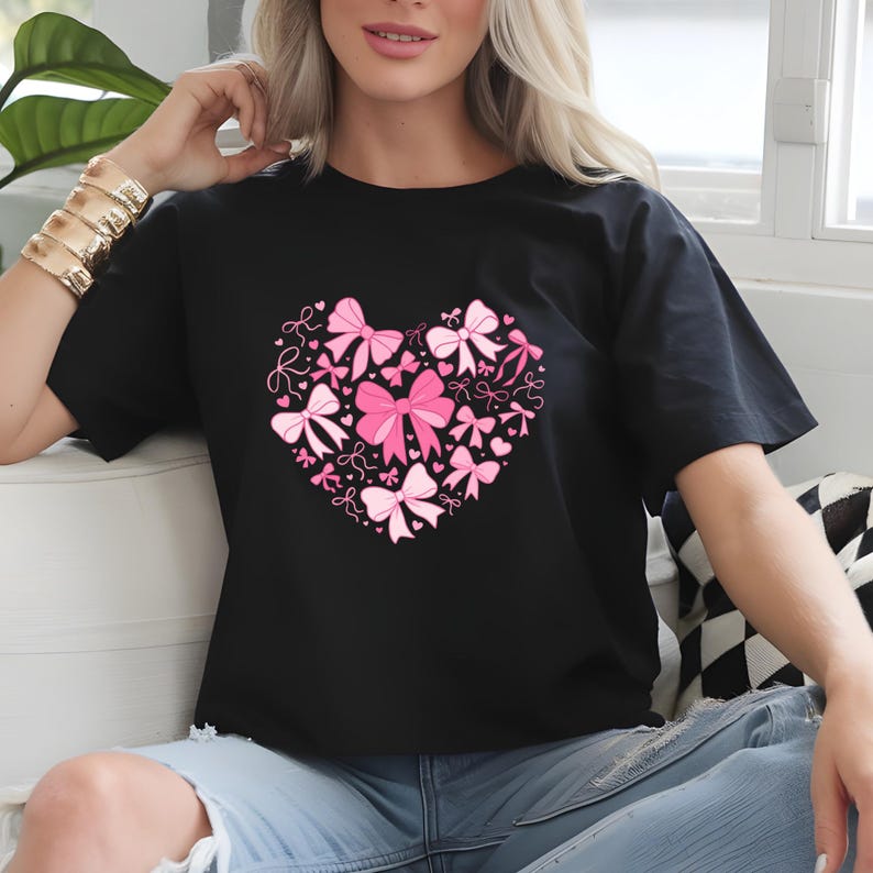 Pink Bow Heart DTF Transfer, Coquette Valentines Heat Transfer, Girly ...