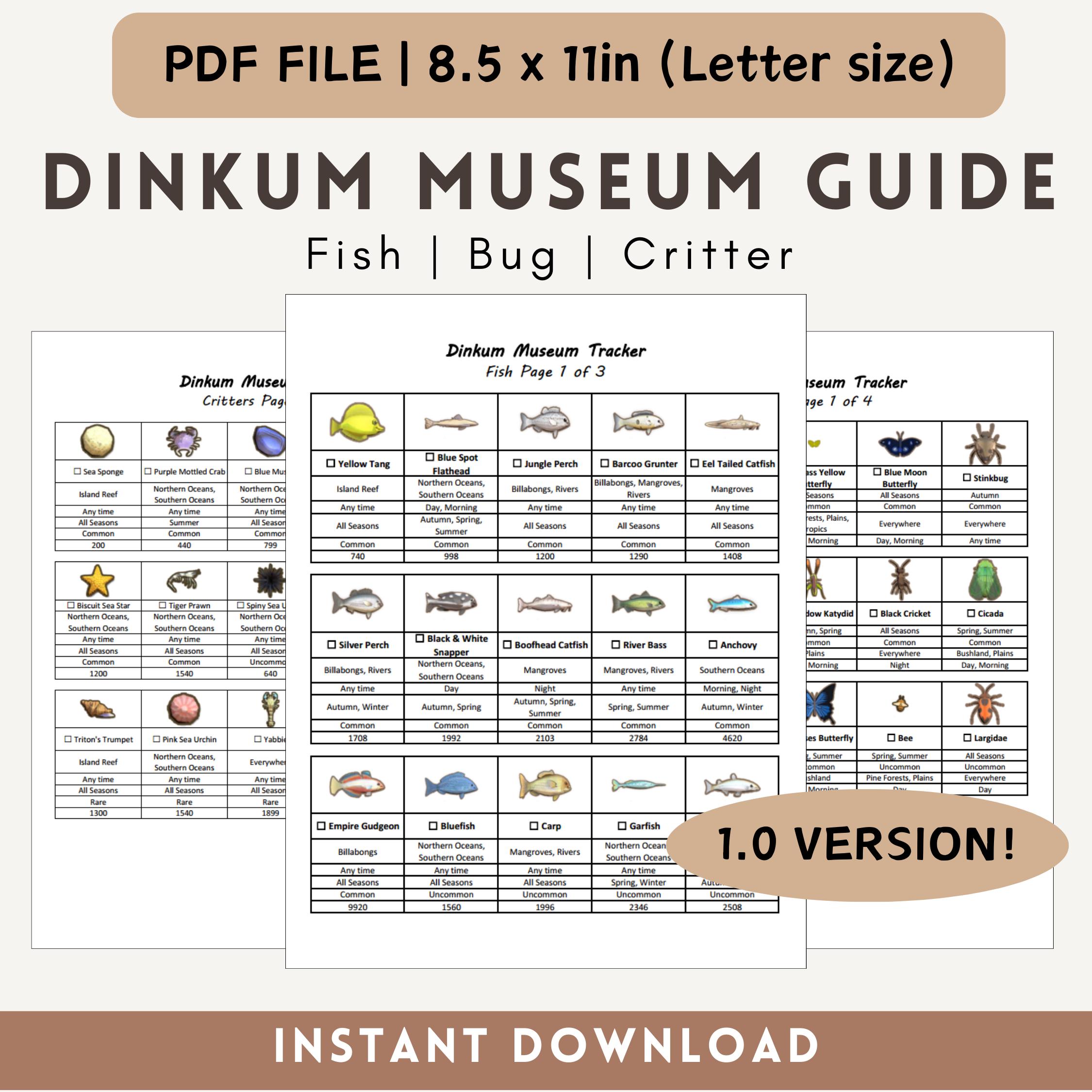 Dinkum 1.0 Printable Museum Guide & Tracker: Bugs, Fish, Critters (PDF ...