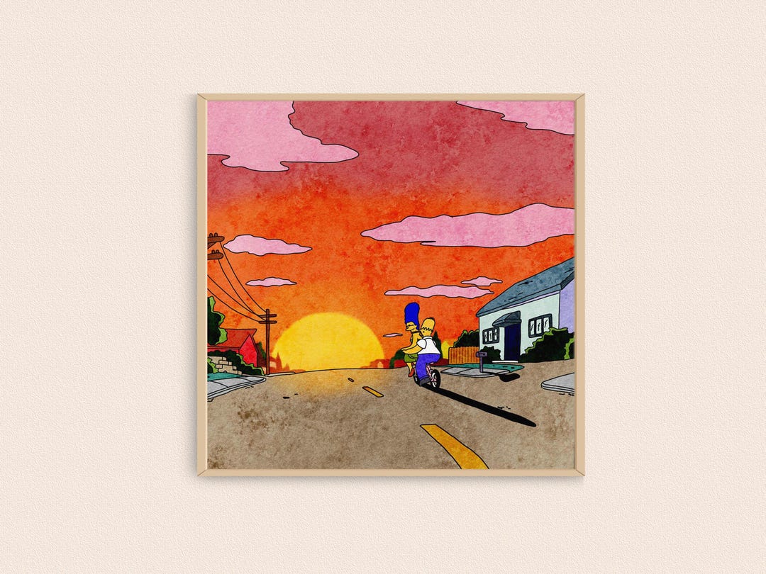 Watercolor Illustration of Homer and Marge Simpson at Sunset, Scenic ...