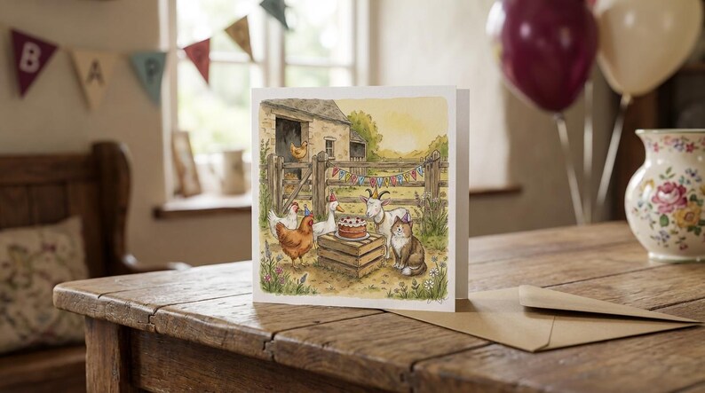 Barnyard Bash Farm Animals | Watercolour Countryside Birthday Card for ...