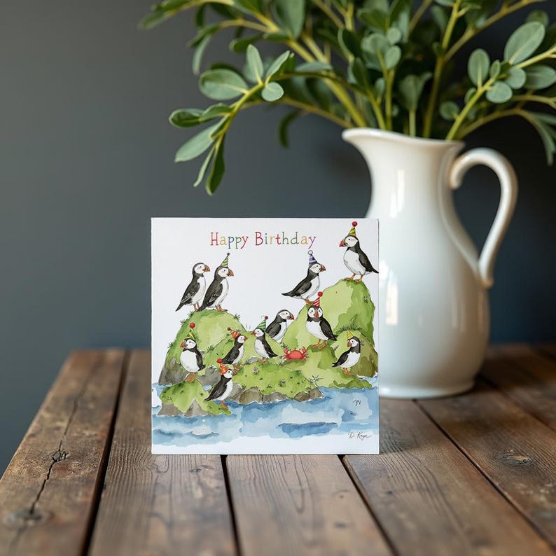 Puffin Party Birthday Card – Watercolor Puffin Illustration – Animal ...