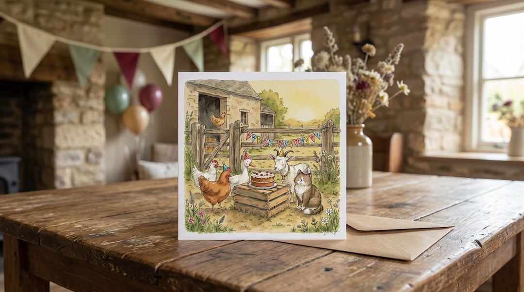 Barnyard Bash Farm Animals | Watercolour Countryside Birthday Card for ...