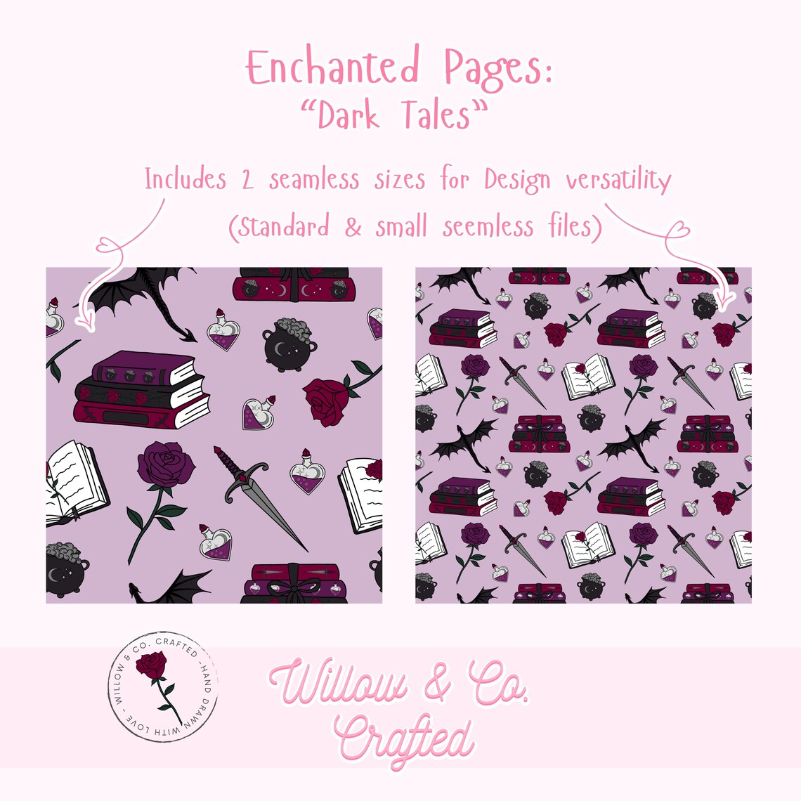 Dark Romance Bookish Seamless Pattern PNG – Gothic Dragon Book Lover ...