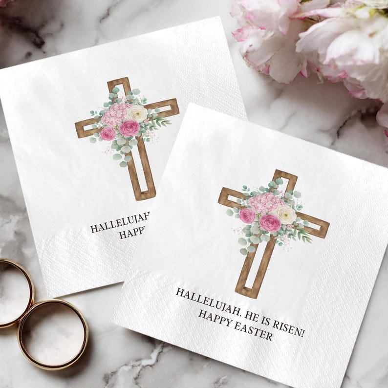 He is Risen Napkins, Christian Easter Napkins, Cross Floral Easter ...