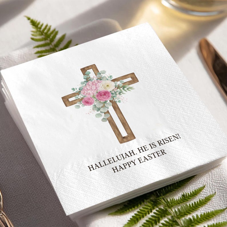 He is Risen Napkins, Christian Easter Napkins, Cross Floral Easter ...