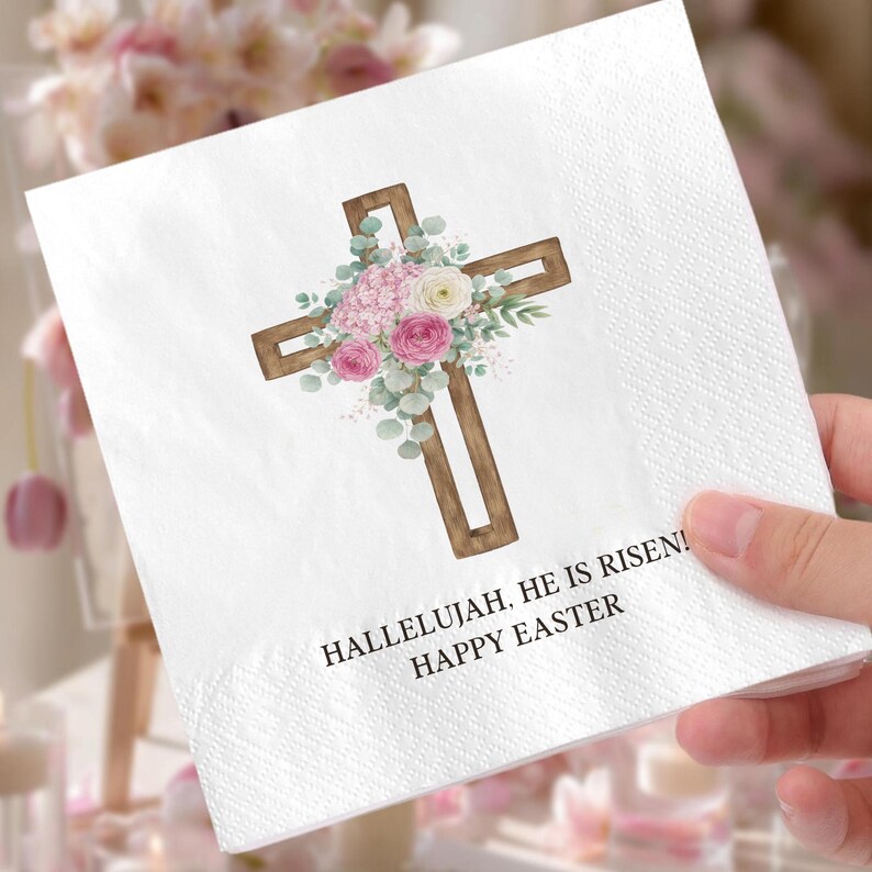 He is Risen Napkins, Christian Easter Napkins, Cross Floral Easter ...