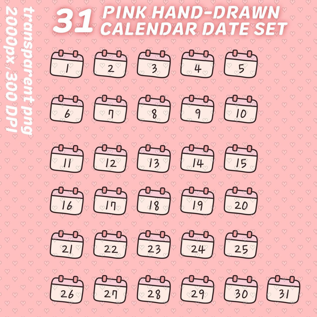 Pink Hand-drawn Calendar Date Icons (1-31) (digital Download) - Etsy