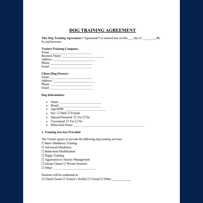 Dog Training Agreement Template: Editable Contract for Pet Trainers ...