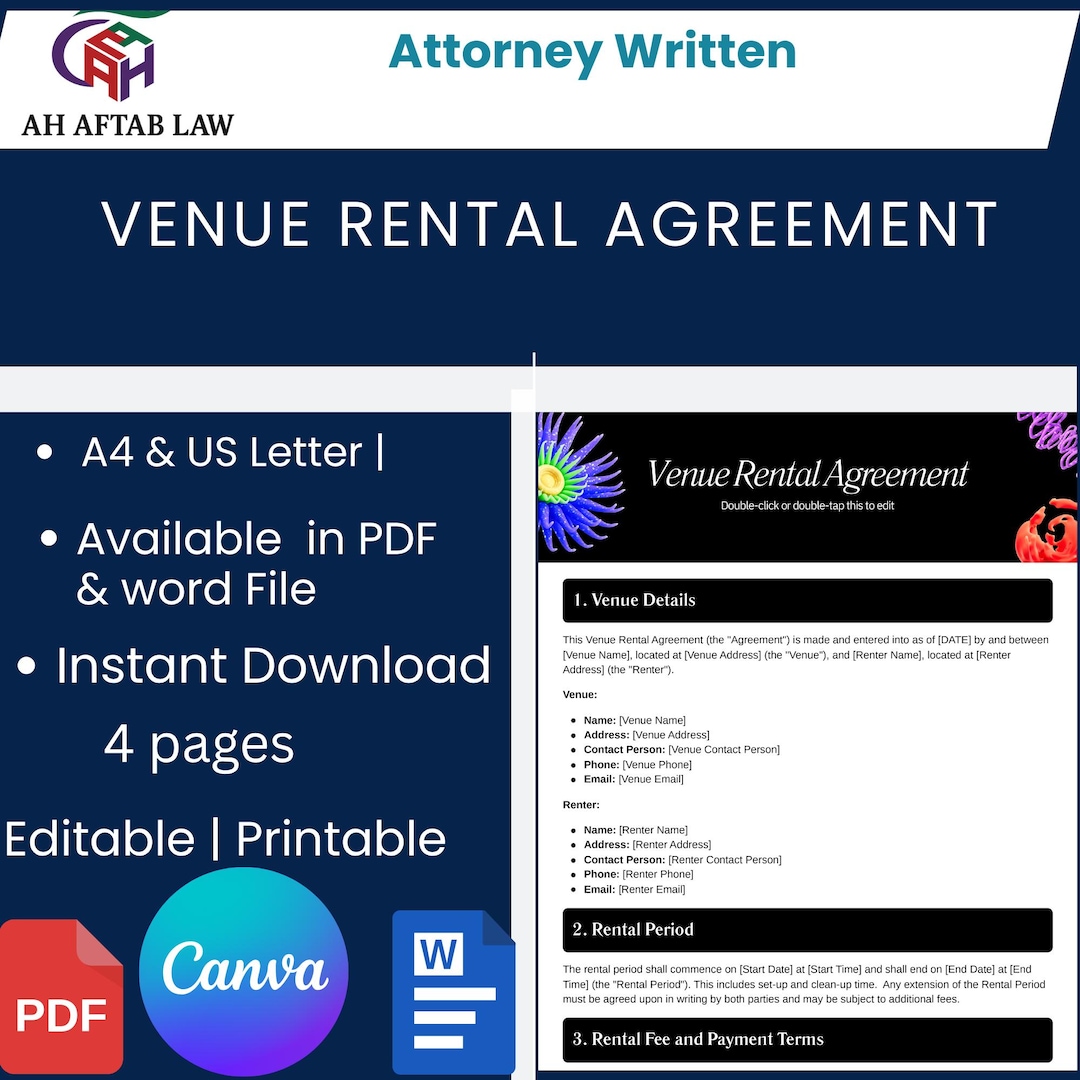 Venue Rental Agreement Template: Editable Event Space Contract for ...