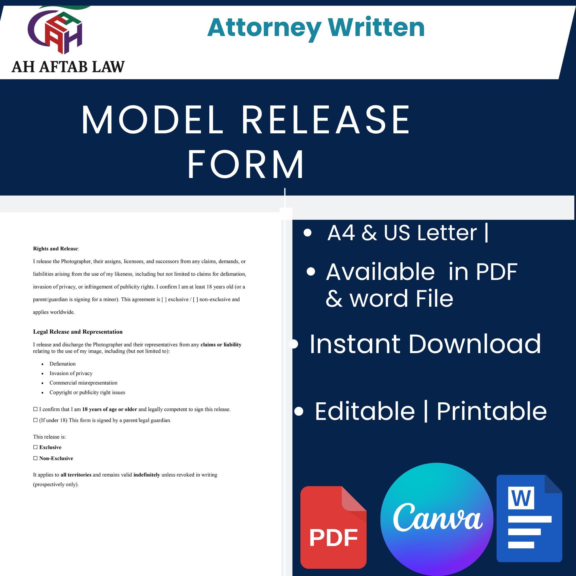 Printable Model Release Form for Photographers: Instant Download Legal ...