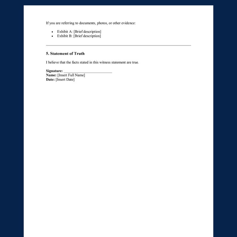 Witness Statement Template | Legal Declaration Form | Editable Word ...