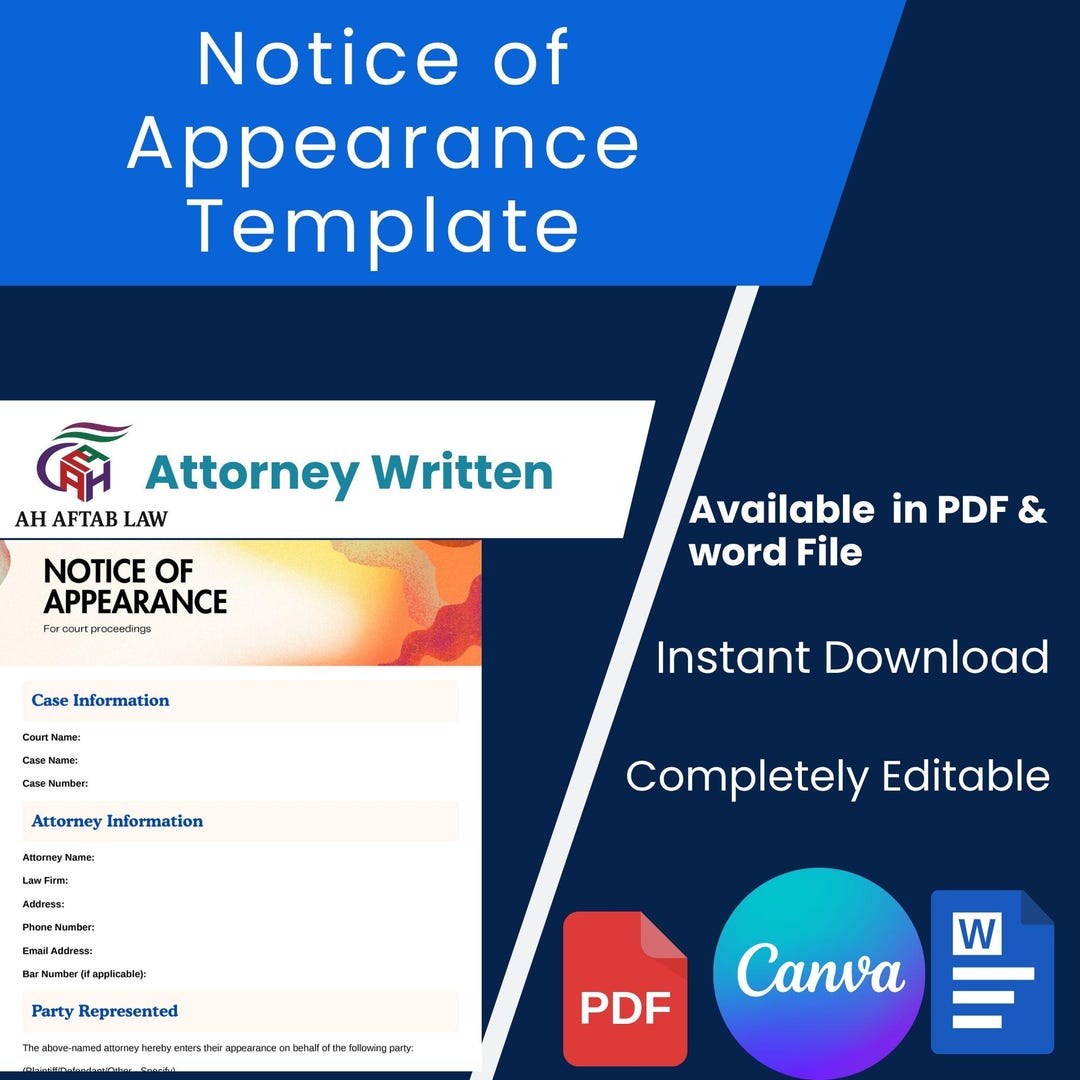 Notice of Appearance Template: Editable Legal Form (word & PDF) - Etsy