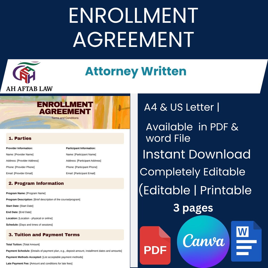 Editable Enrollment Agreement Template PDF Word A4 US Letter Digital ...