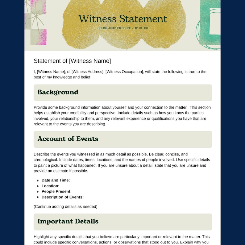 Witness Statement Template | Legal Declaration Form | Editable Word ...
