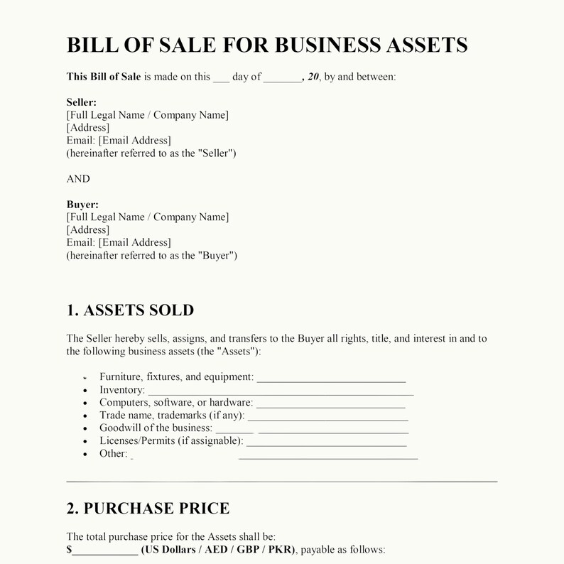 Custom Bill of Sale for Business Assets - Legal Document Template for ...