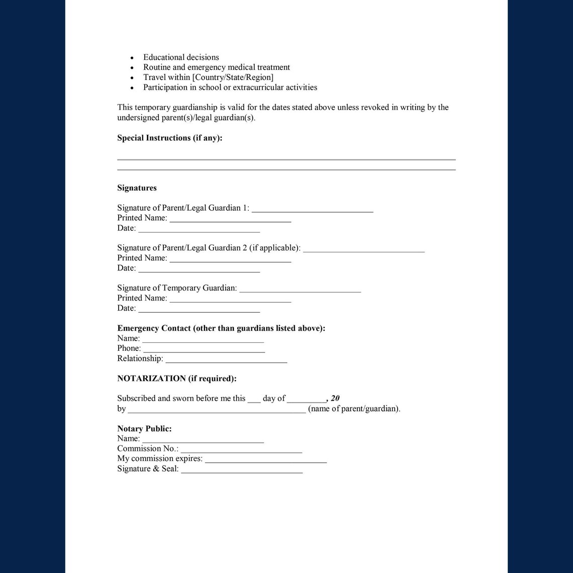 Temporary Guardianship Agreement Form Printable | Child Care Legal ...