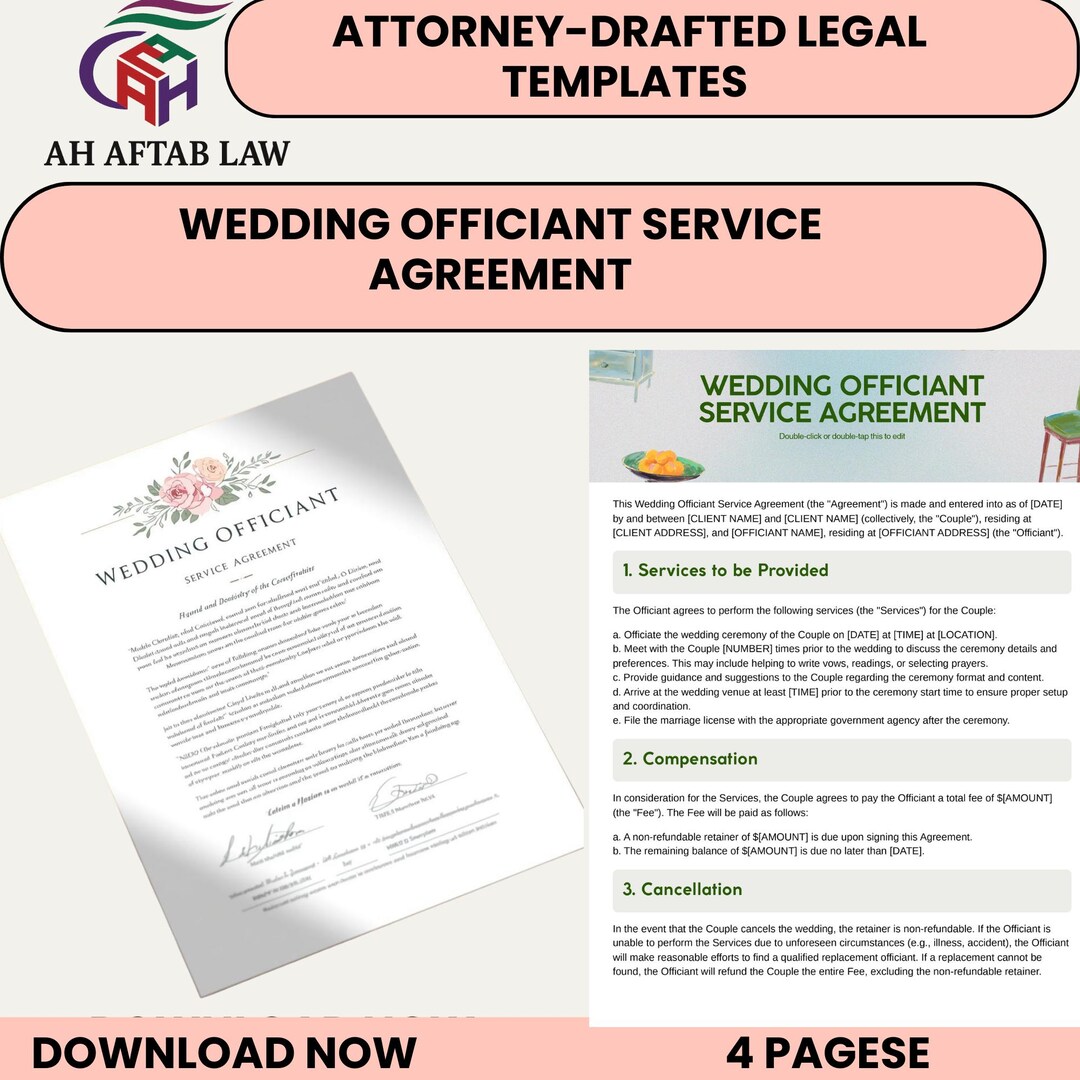 Attorney-written Wedding Officiant Contract Template - Editable Digital ...